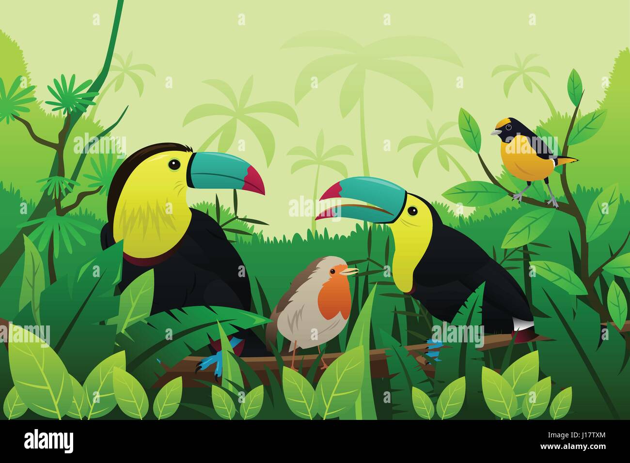 A vector illustration of birds resting on branches of tree Stock Vector ...