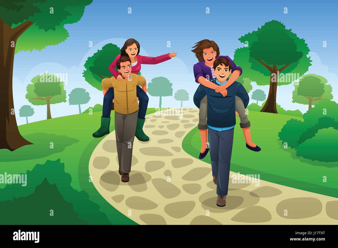 A vector illustration of happy couple having a piggyback race Stock ...