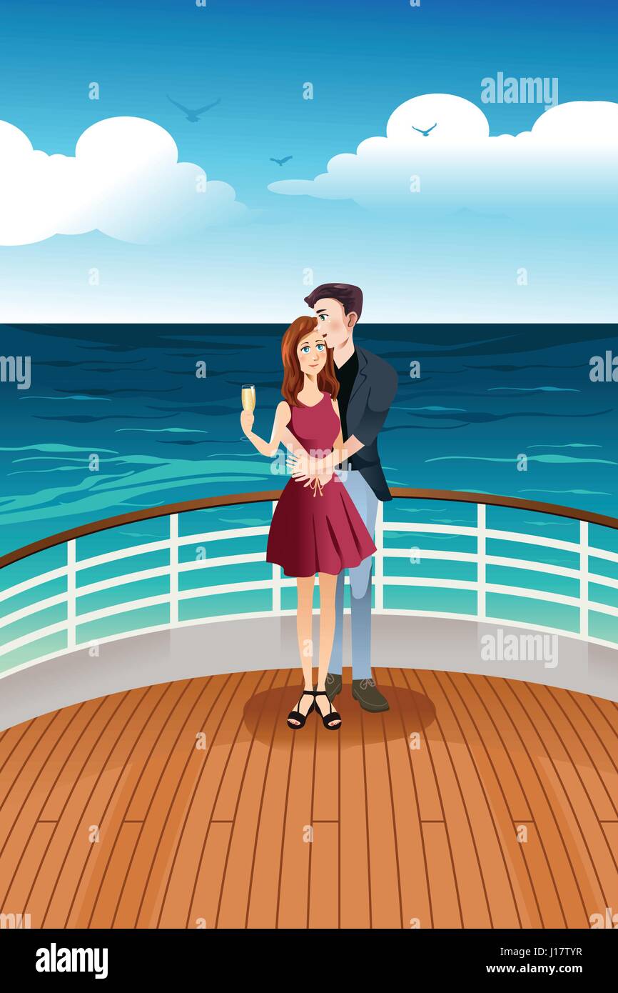 A vector illustration of romantic couple standing on deck of yacht ...