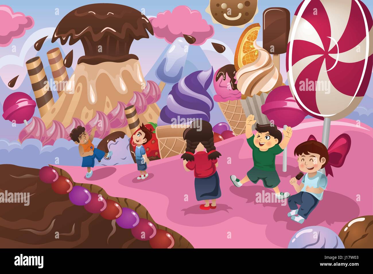 A vector illustration of happy kids playing in a dessert land Stock ...