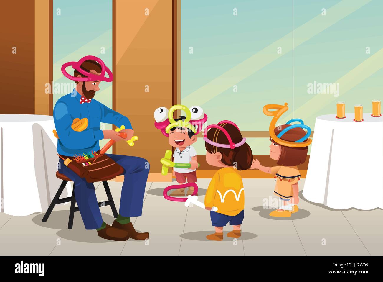 A vector illustration of balloon artist making balloons in front of ...
