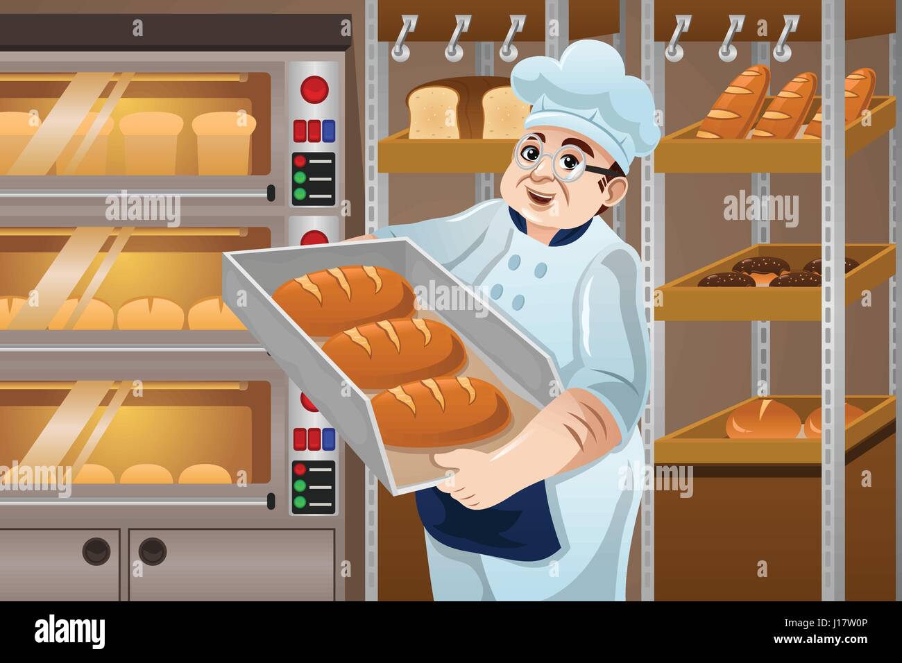 A vector illustration of happy baker holding breads in the kitchen ...