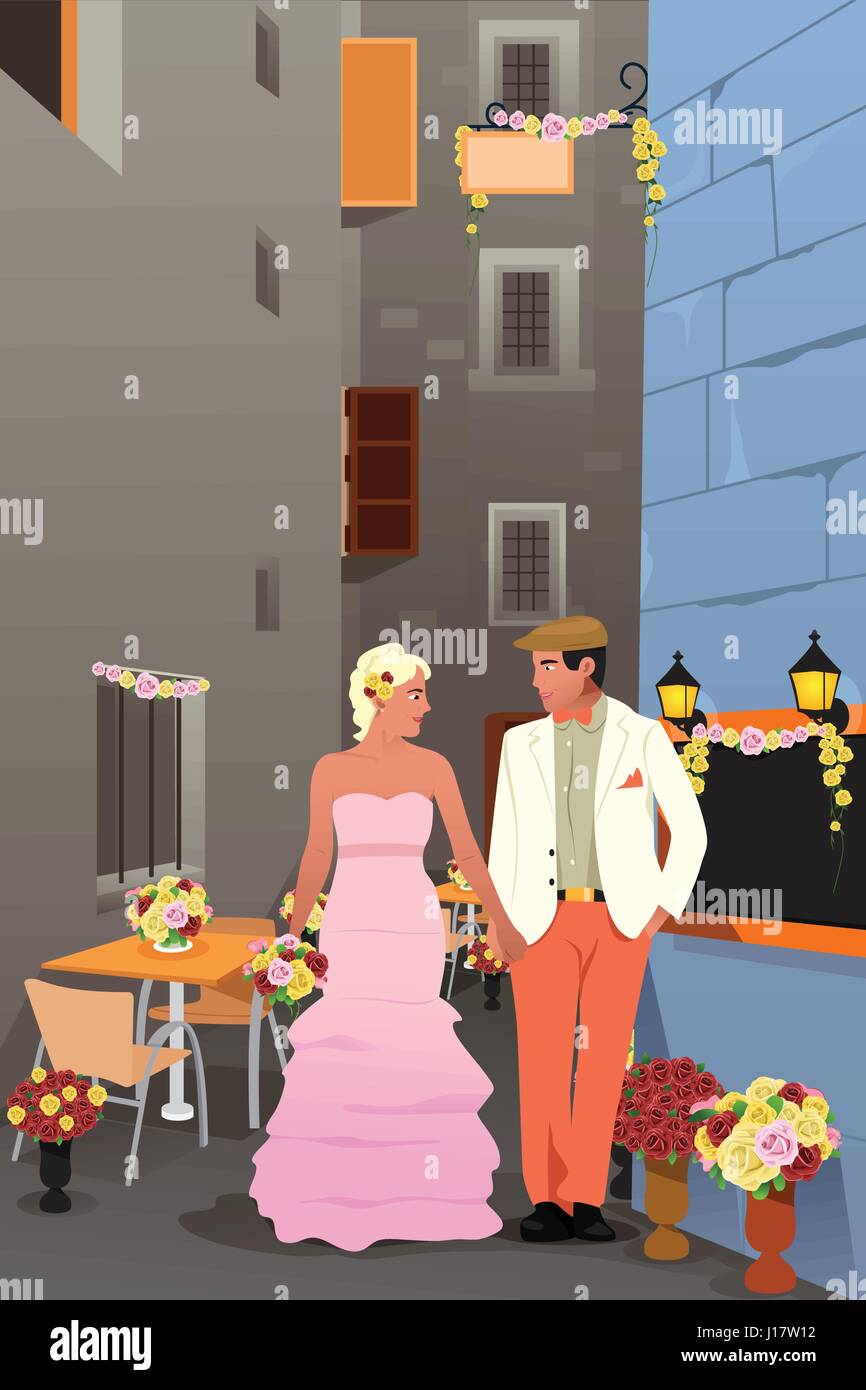 A vector illustration of romantic wedding couple in old urban building ...
