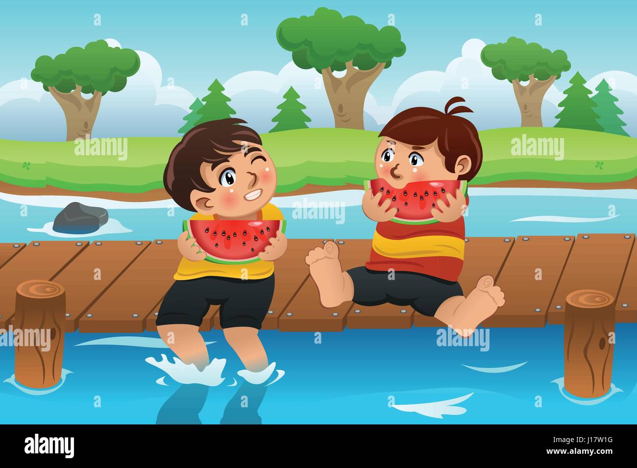 A vector illustration of kids eating watermelon on the lake Stock ...