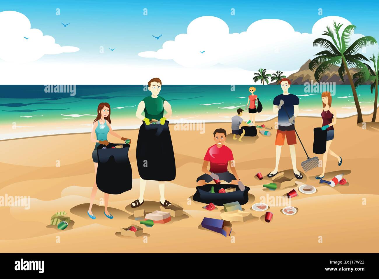 Cleaning trash at beach Stock Vector Images - Alamy
