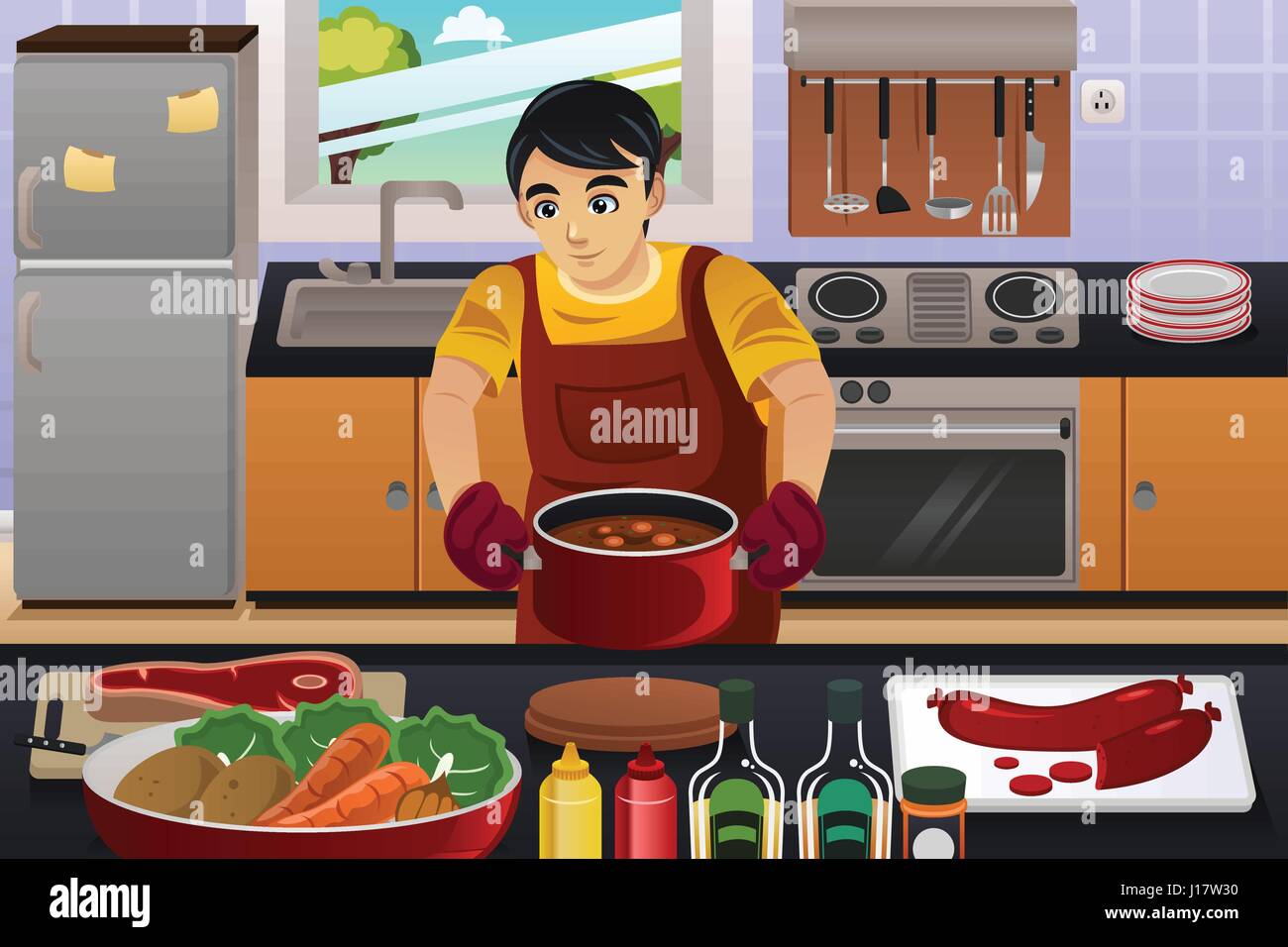 A vector illustration of happy man cooking in the kitchen Stock Vector ...
