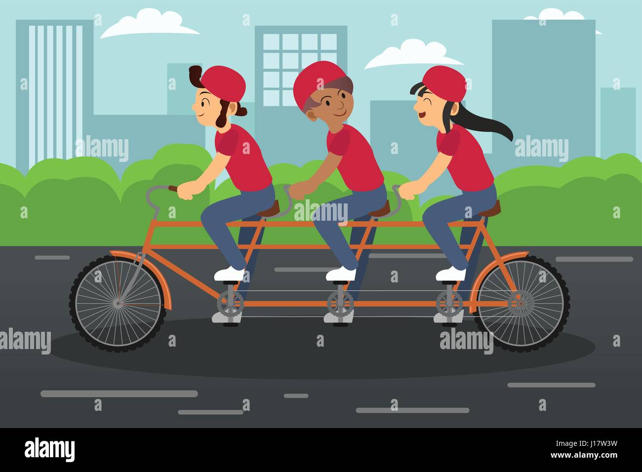 A vector illustration of kids riding a tandem bike together Stock ...