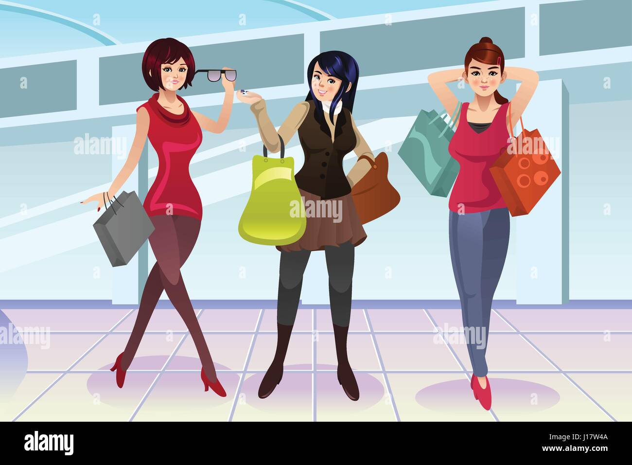 A vector illustration of modern women shopping at the mall Stock Vector ...
