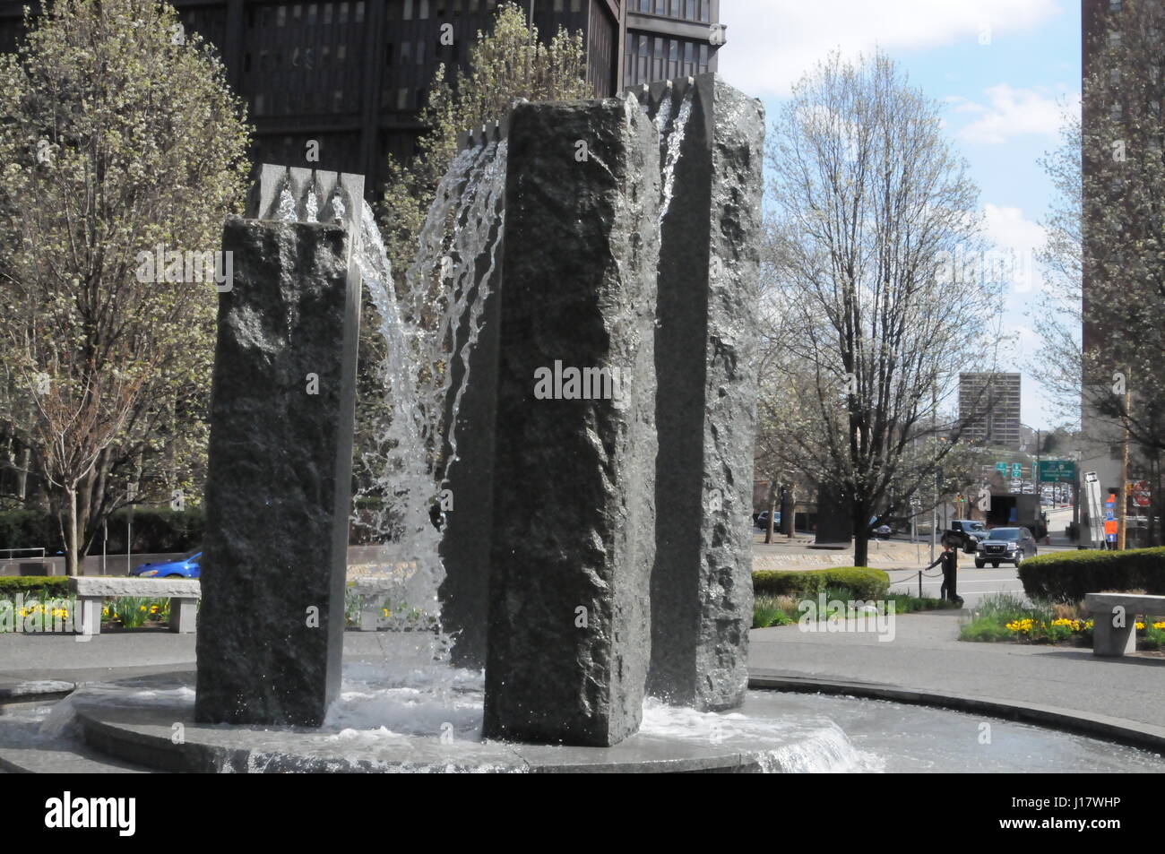 Sculpture with waterfall BNY Mellon square Pittsburgh Pennsylvania May ...