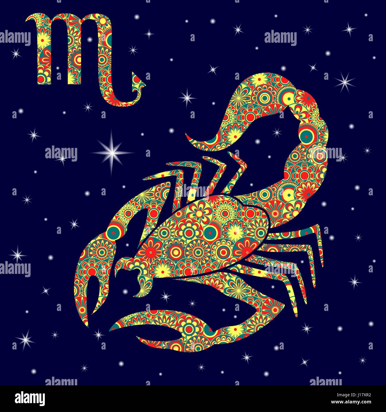 Zodiac sign Scorpio with colorful flowers fill in warm hues on a ...