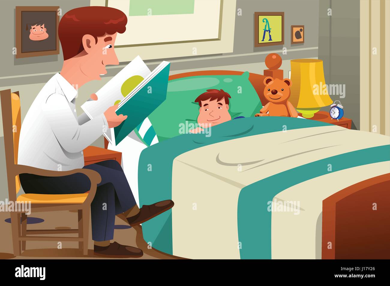 A vector illustration of father reading a bedtime story to his son ...