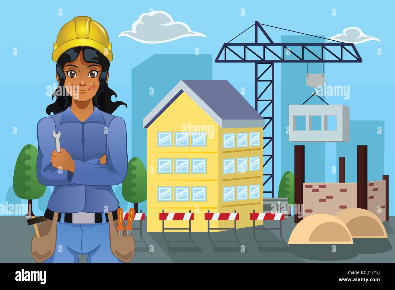A vector illustration of female contractor standing in front of a house ...