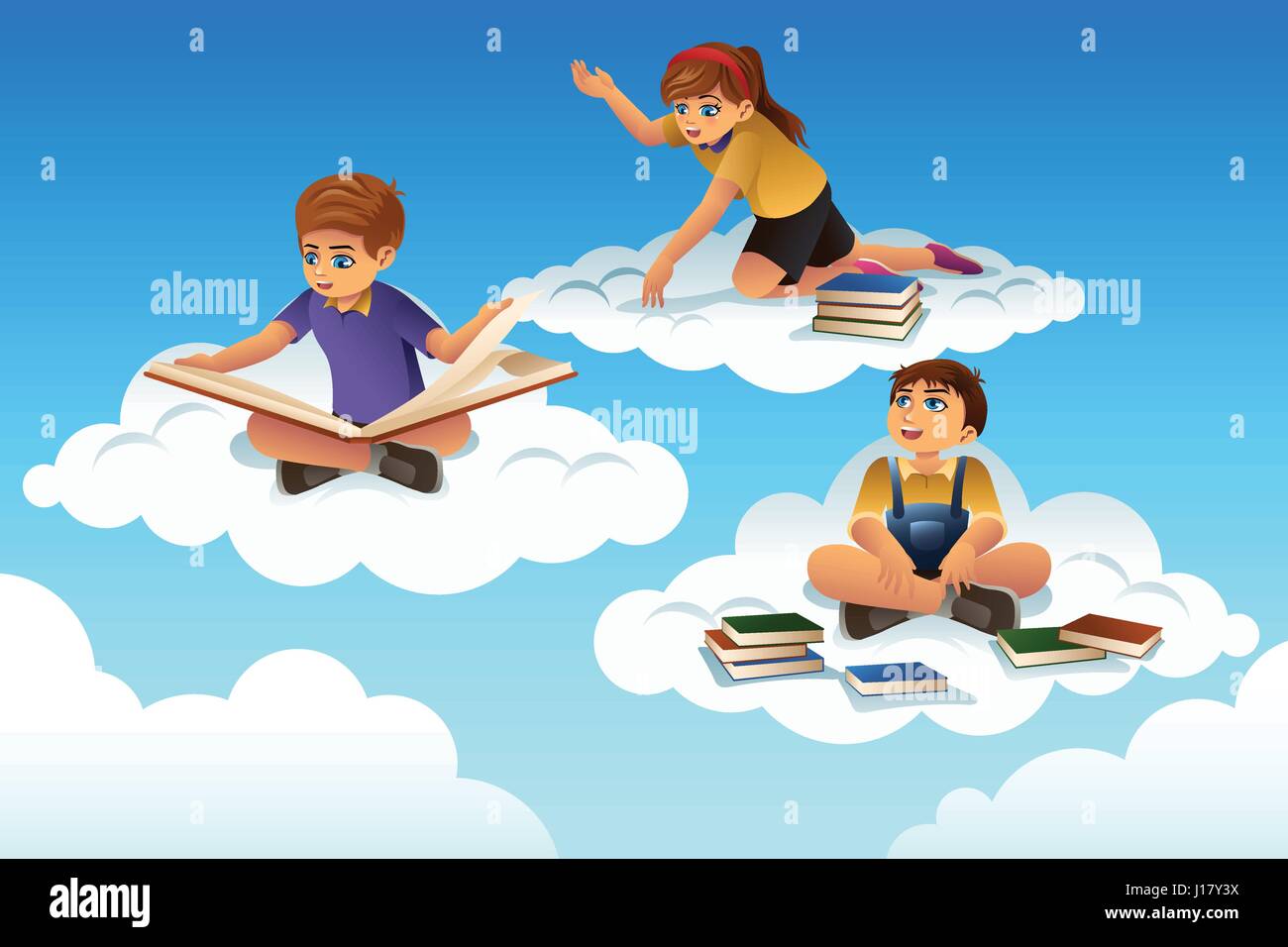 A vector illustration of students sitting on a cloud and reading a book ...