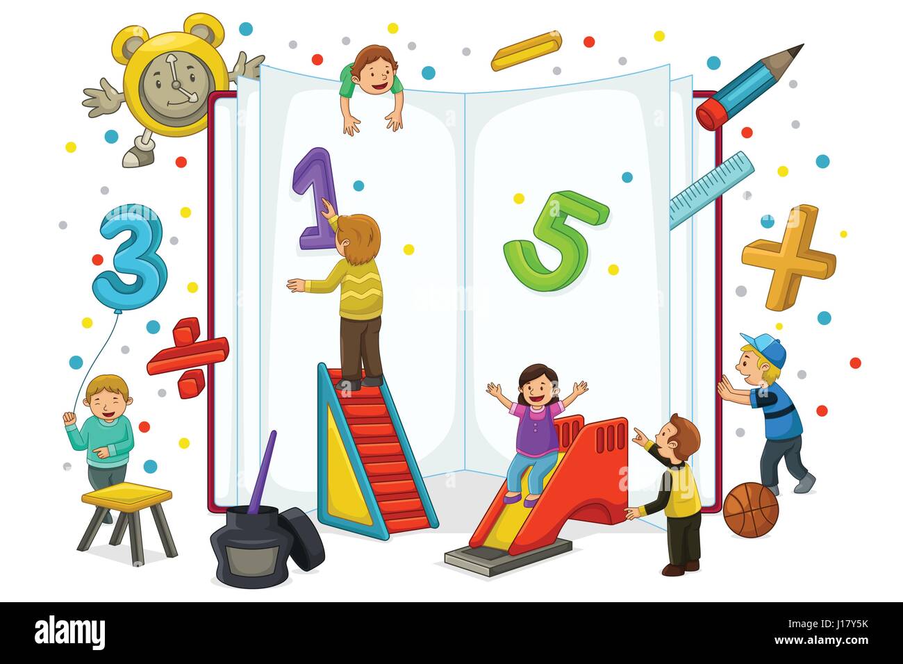 A vector illustration of kids playing and reading with open book Stock ...