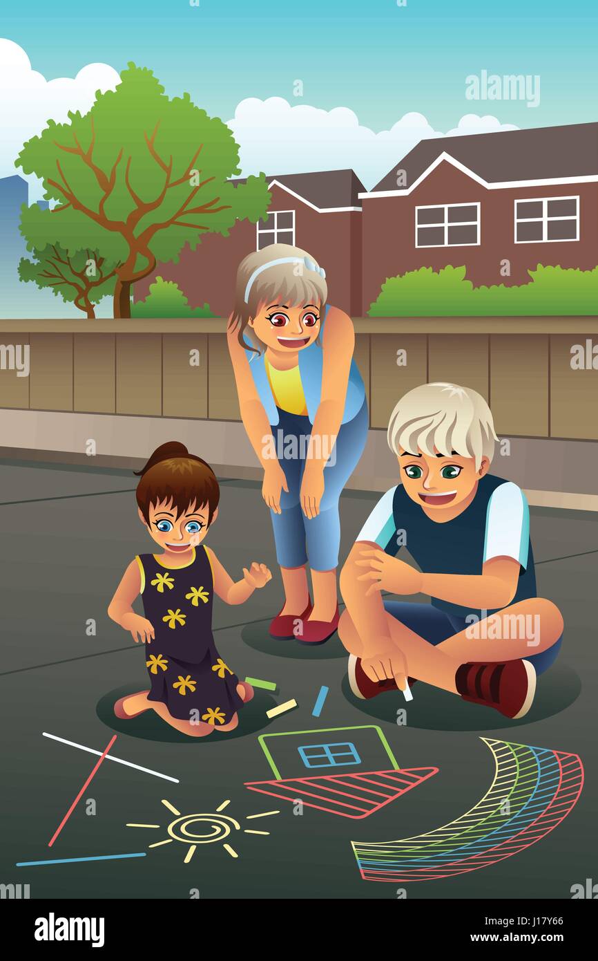 A vector illustration of happy kids drawing with chalk on the sidewalk ...