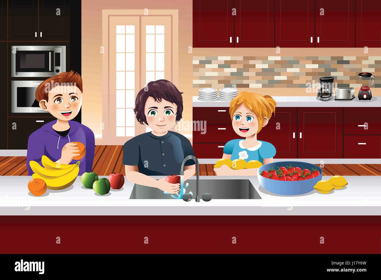 A vector illustration of kids washing fruits in the kitchen Stock ...