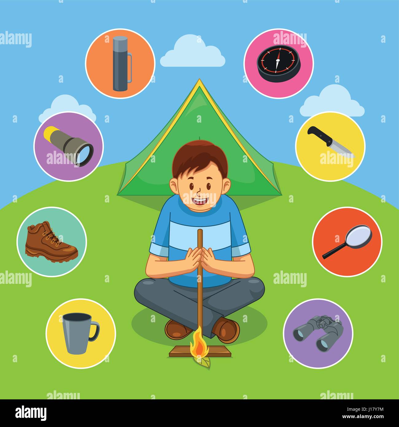 A vector illustration of man making fire with wood stick in forest for ...