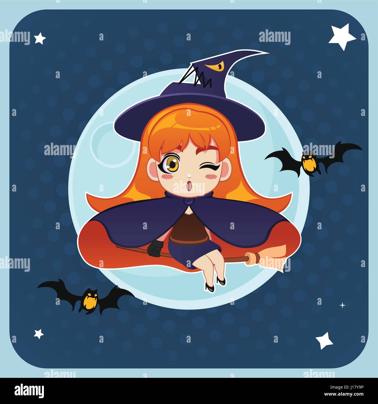 A vector illustration of witch flying in front of the full moon with ...
