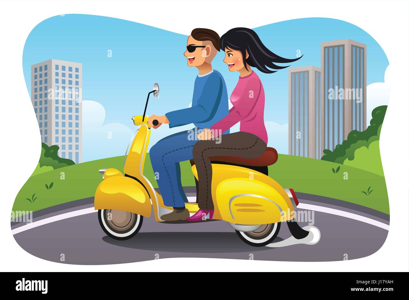 A vector illustration of couple riding a motorcycle in the city Stock ...