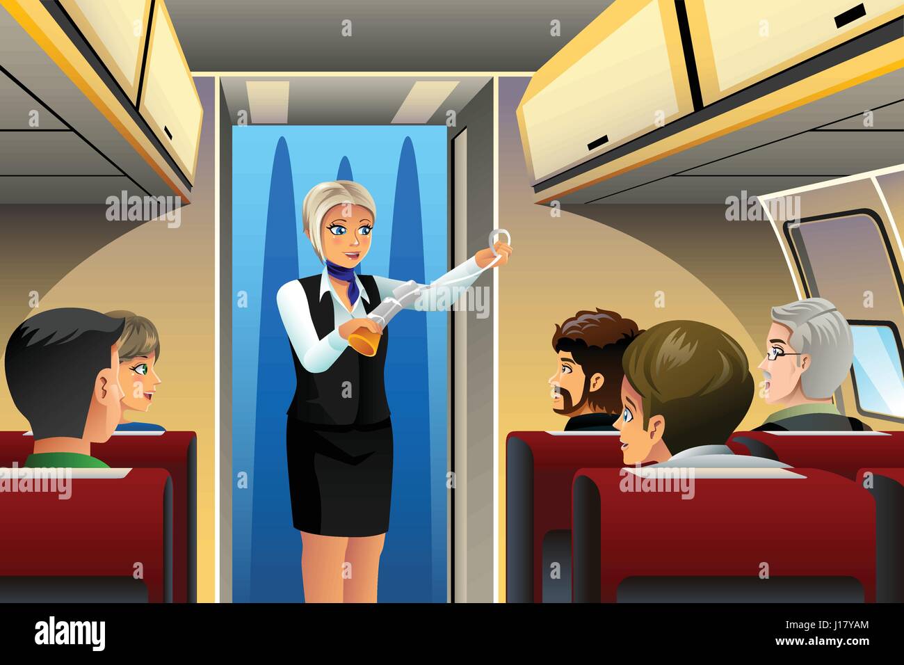 A vector illustration of flight attendant doing safety demonstration ...