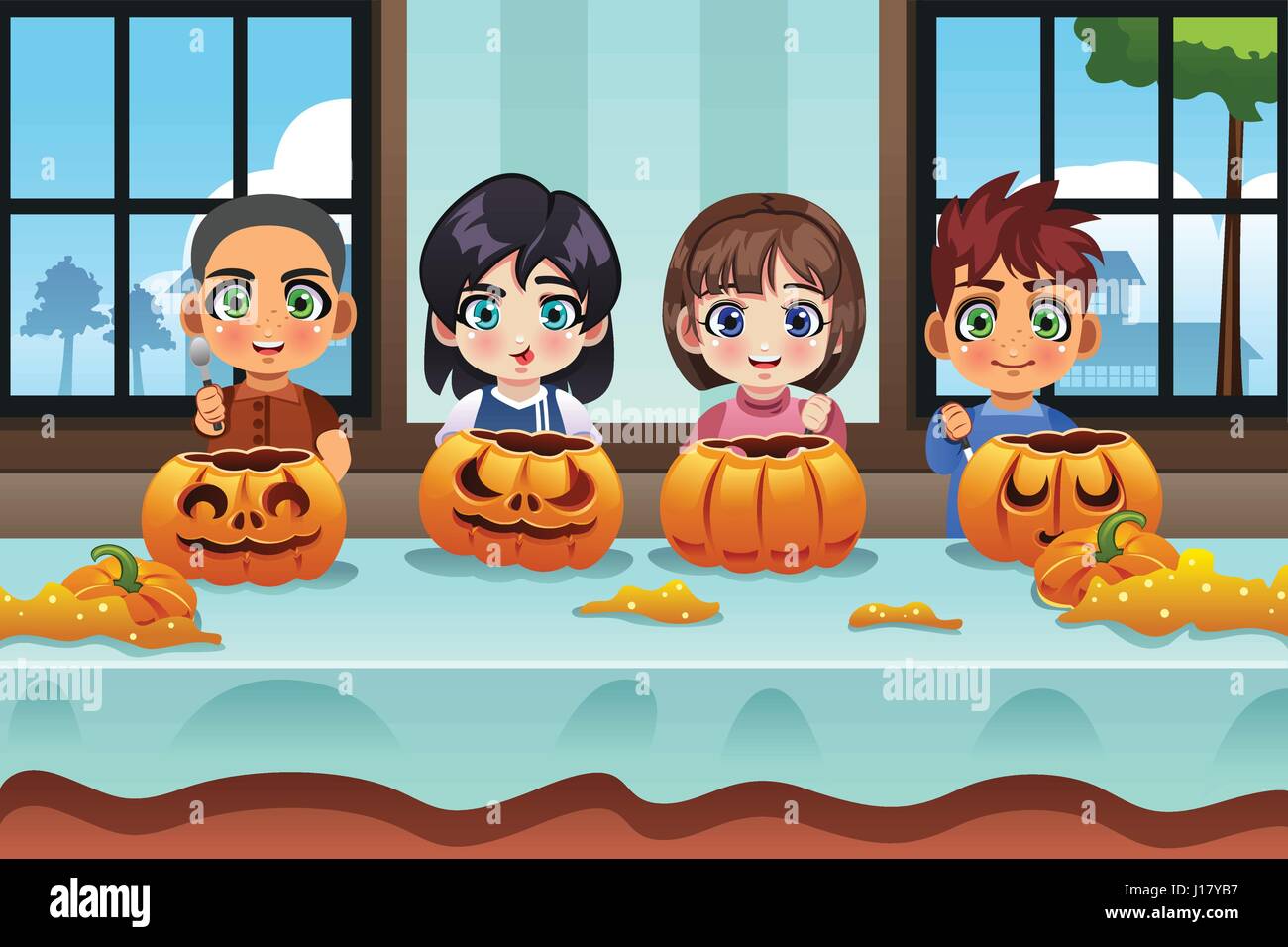 Children pumpkin carving Stock Vector Images - Alamy