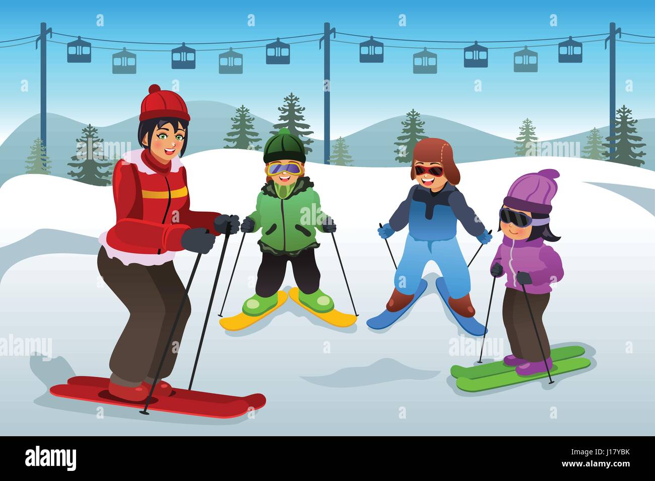 A vector illustration of ski instructor teaching children how to ski ...