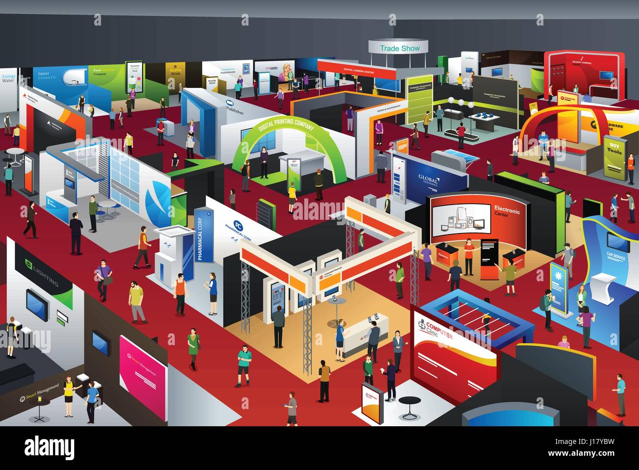 A vector illustration of people looking at an exhibition booths Stock ...