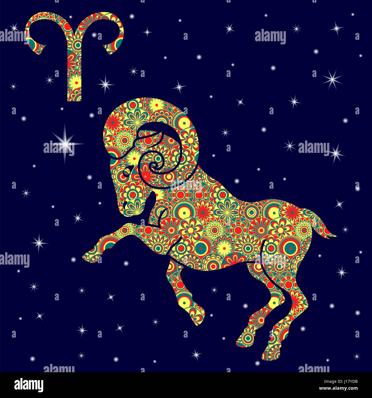 Zodiac sign Aries with colorful flowers fill in warm hues on a ...