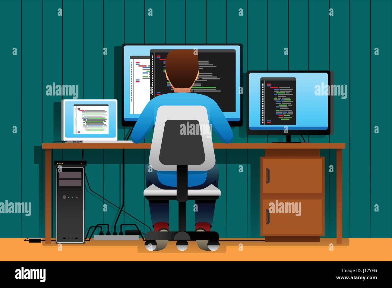 A vector illustration of a Man Working in Front of His Computer Stock ...