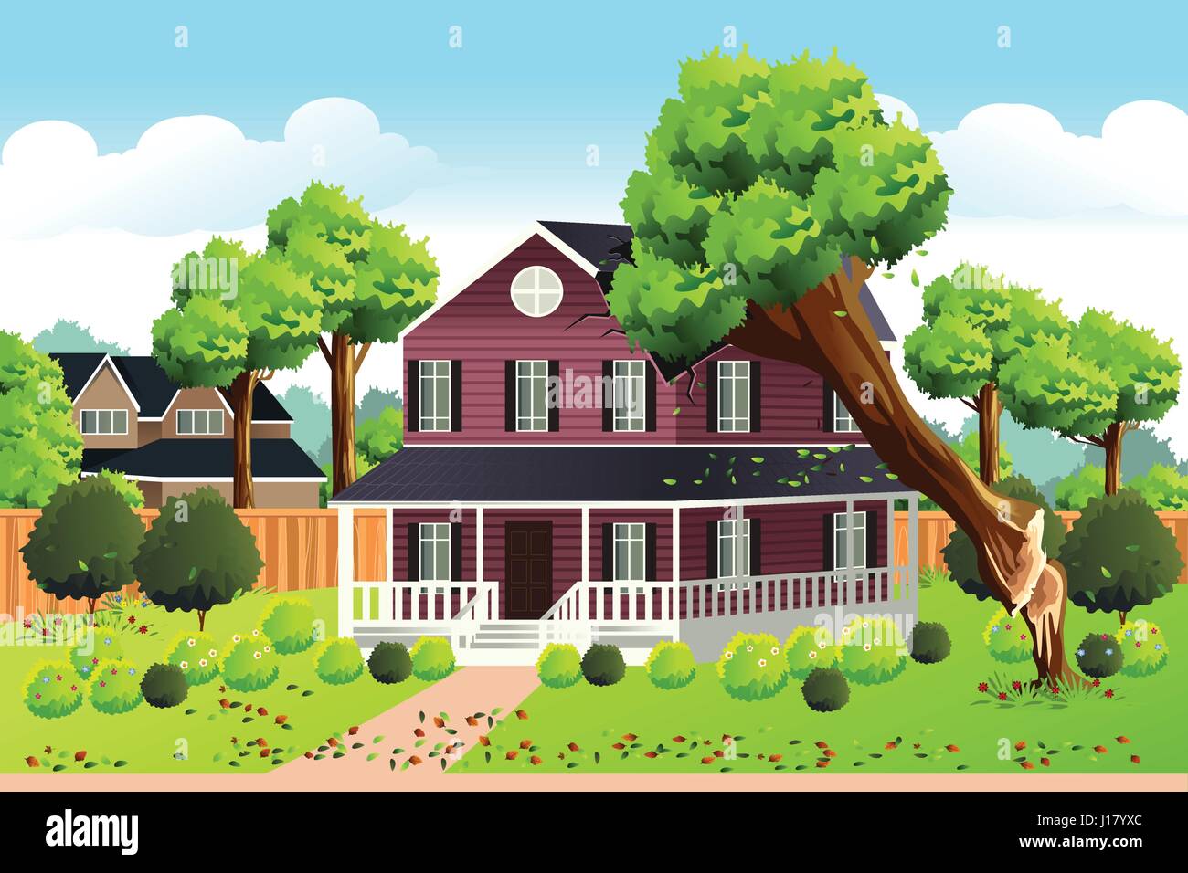 A vector illustration of a Big Tree Falling Into The Roof of a House ...