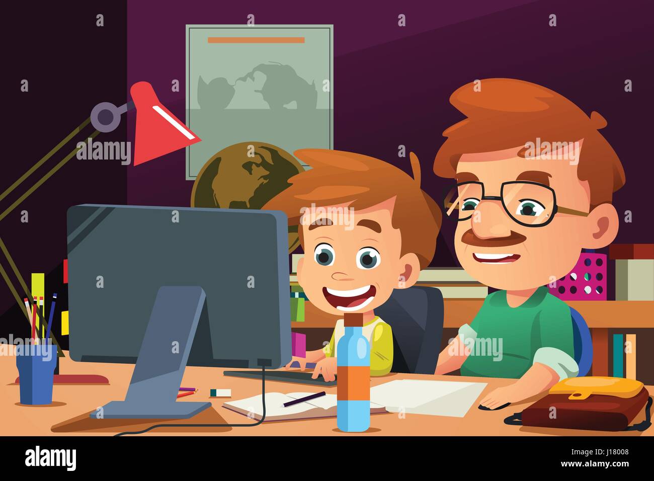 A vector illustration of Father and Son Working on a Computer Stock ...