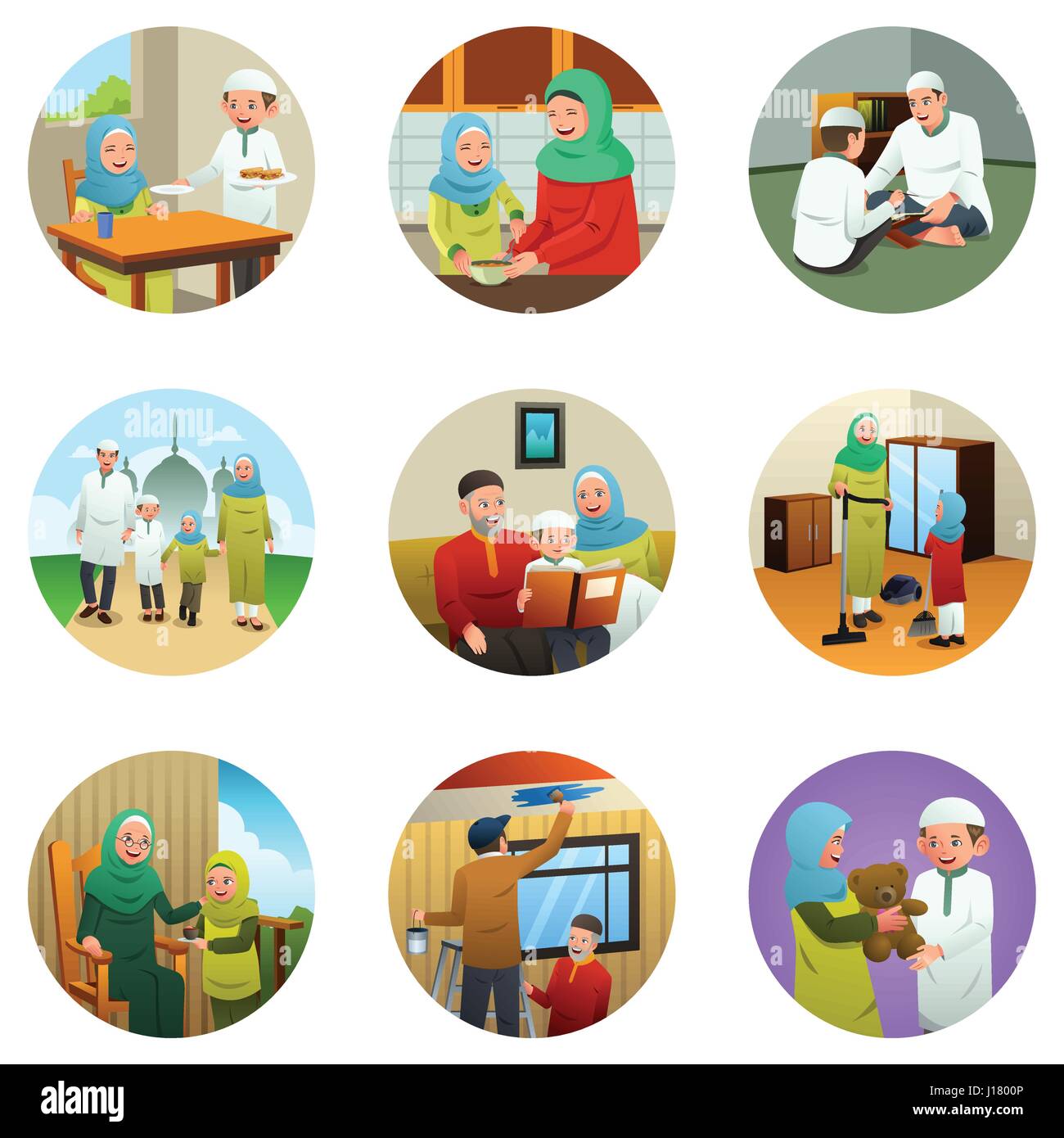 A vector illustration of Muslim Family Doing Different Activities Stock ...