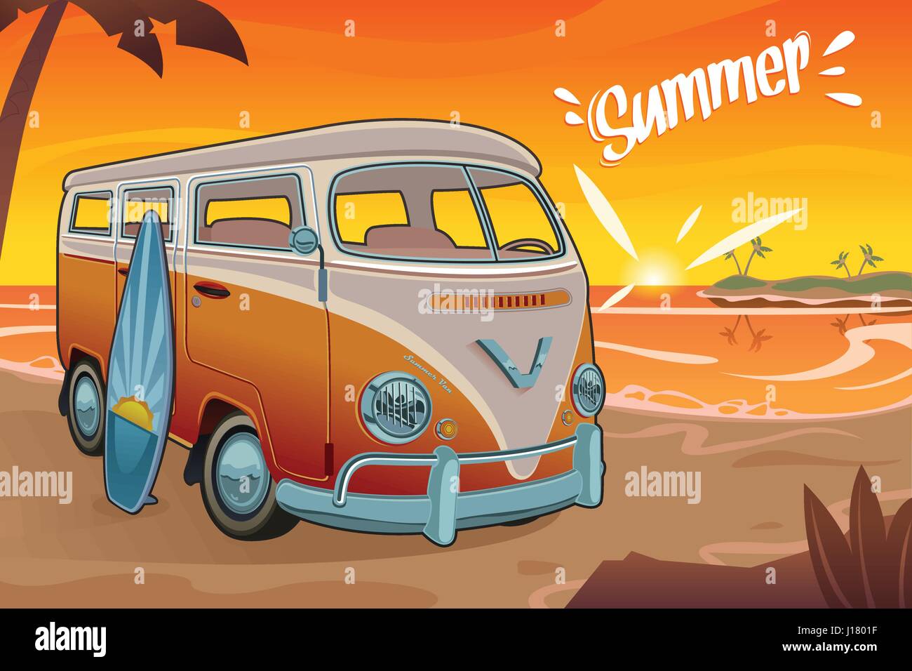 A vector illustration of Summer Van on the Beach Stock Vector Image ...