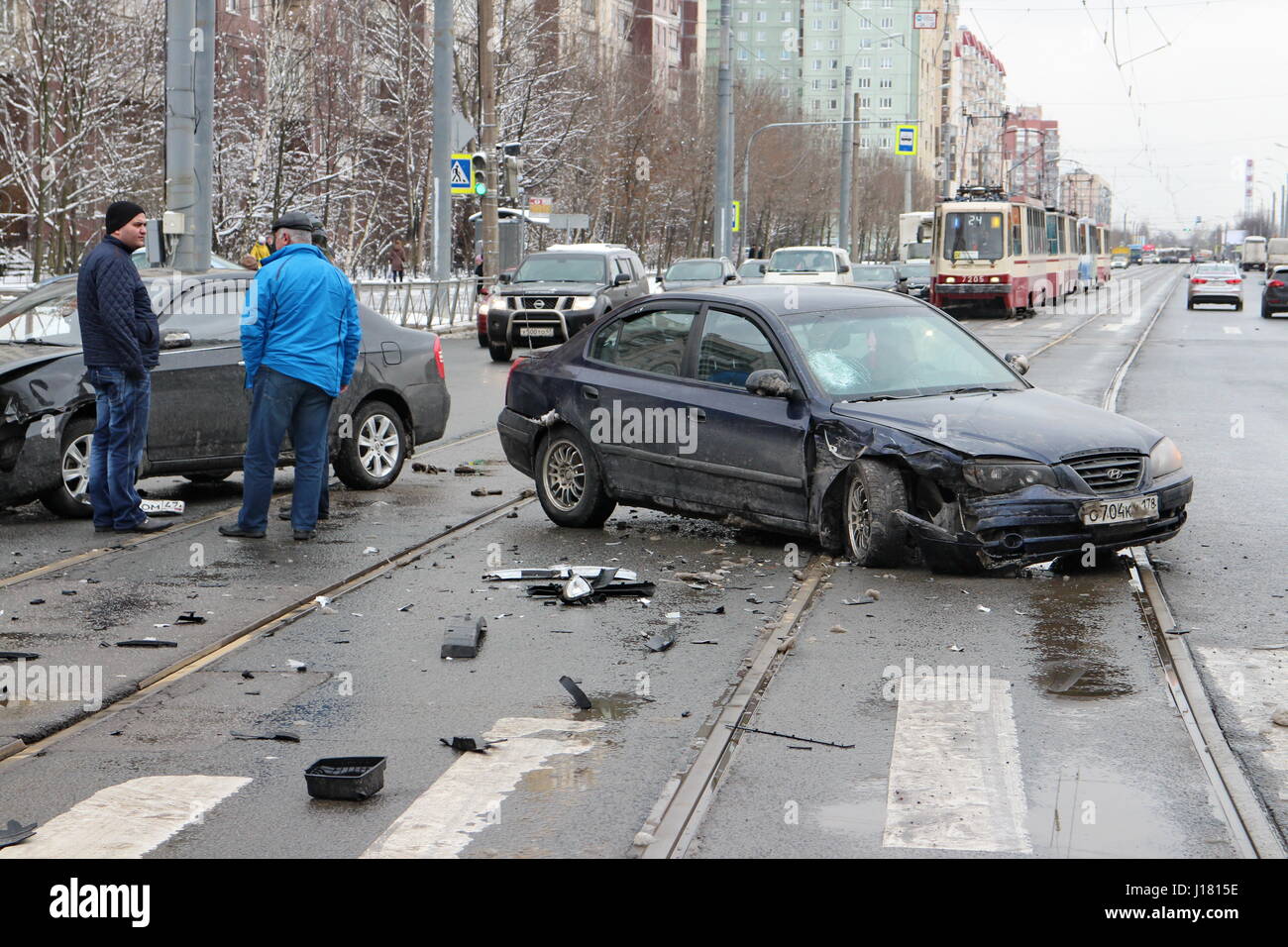 St. Petersburg, Russia, 14, April 2017 Accident two cars intersection ...