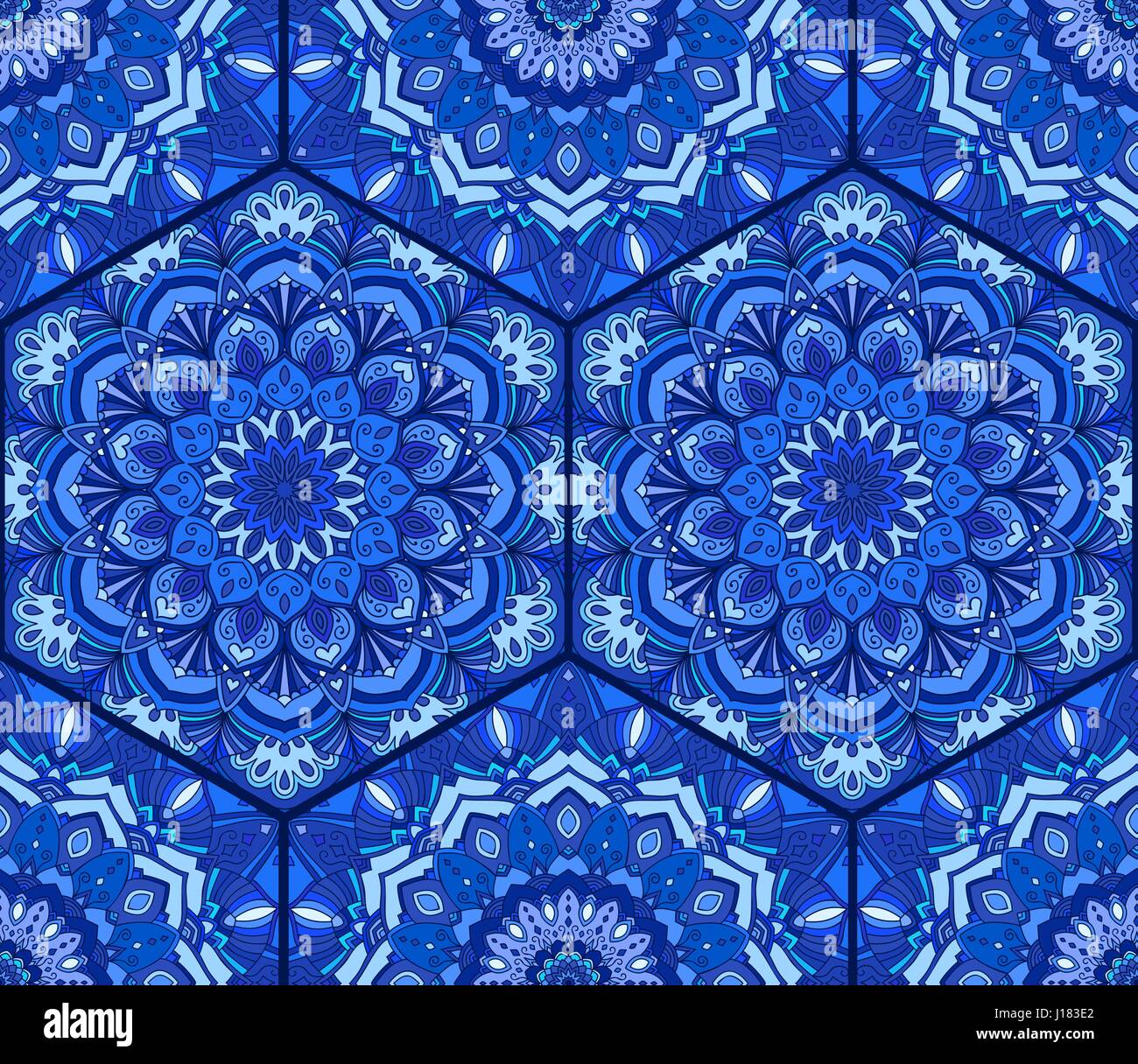 Blue Tile Hex Pattern Flower Mandala Stock Vector Image & Art - Alamy