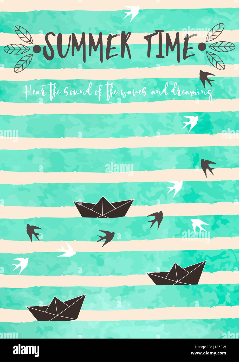 Summer time design with birds and origami ships in watercolor ...