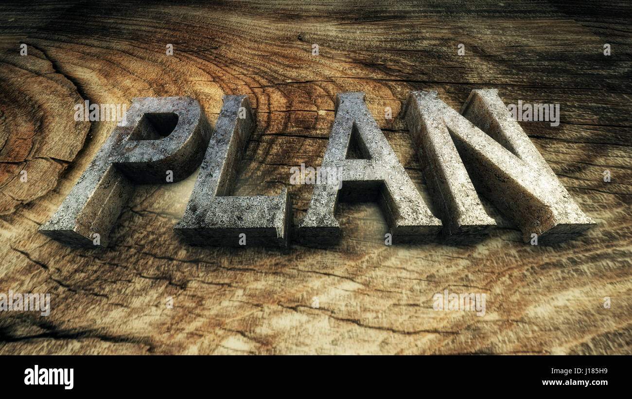 3D Illustration: The word "PLAN" is lined with metallic letters on ...