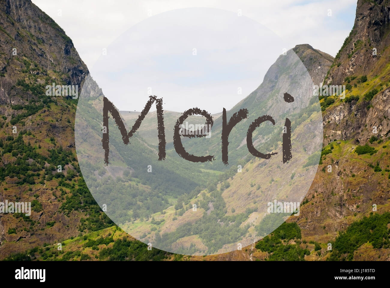 French Text Merci Means Thank You. Valley With Mountains In Norway ...