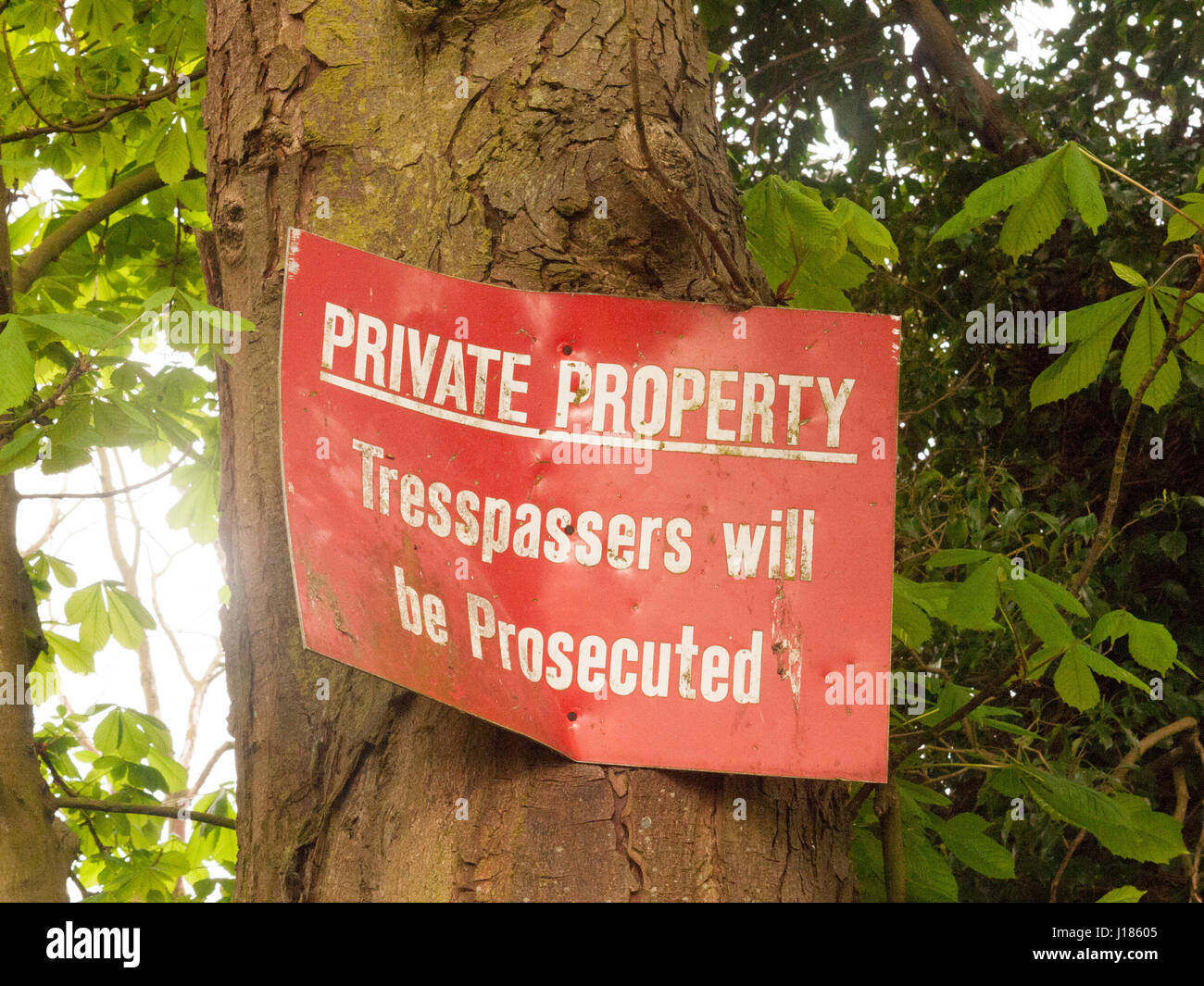 A Bent And Dinted Red Sign Attached to A Tree Saying Private Property ...