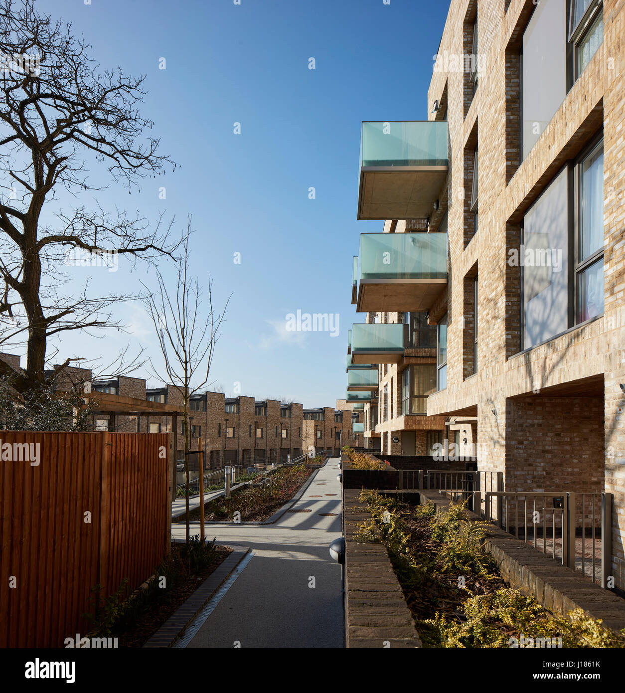 Perspective across communal garden, mews terrace and villa apartments ...