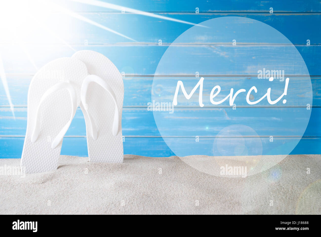 French Text Merci Means Thank You. Sunny Summer Greeting Card With Sand ...