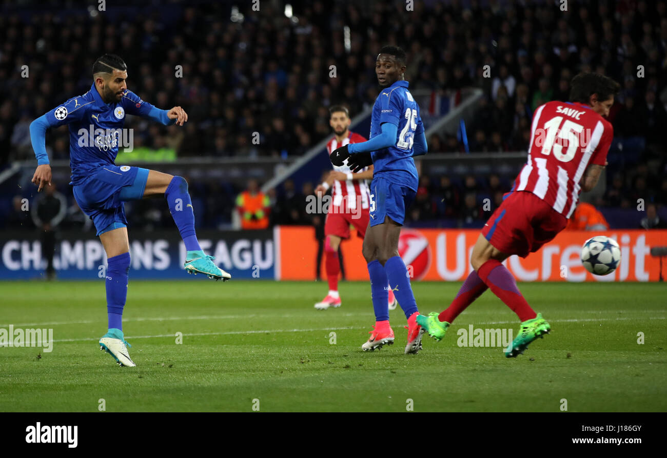 Leicester City's Riyad Mahrez (left)shoots during the second leg of the ...