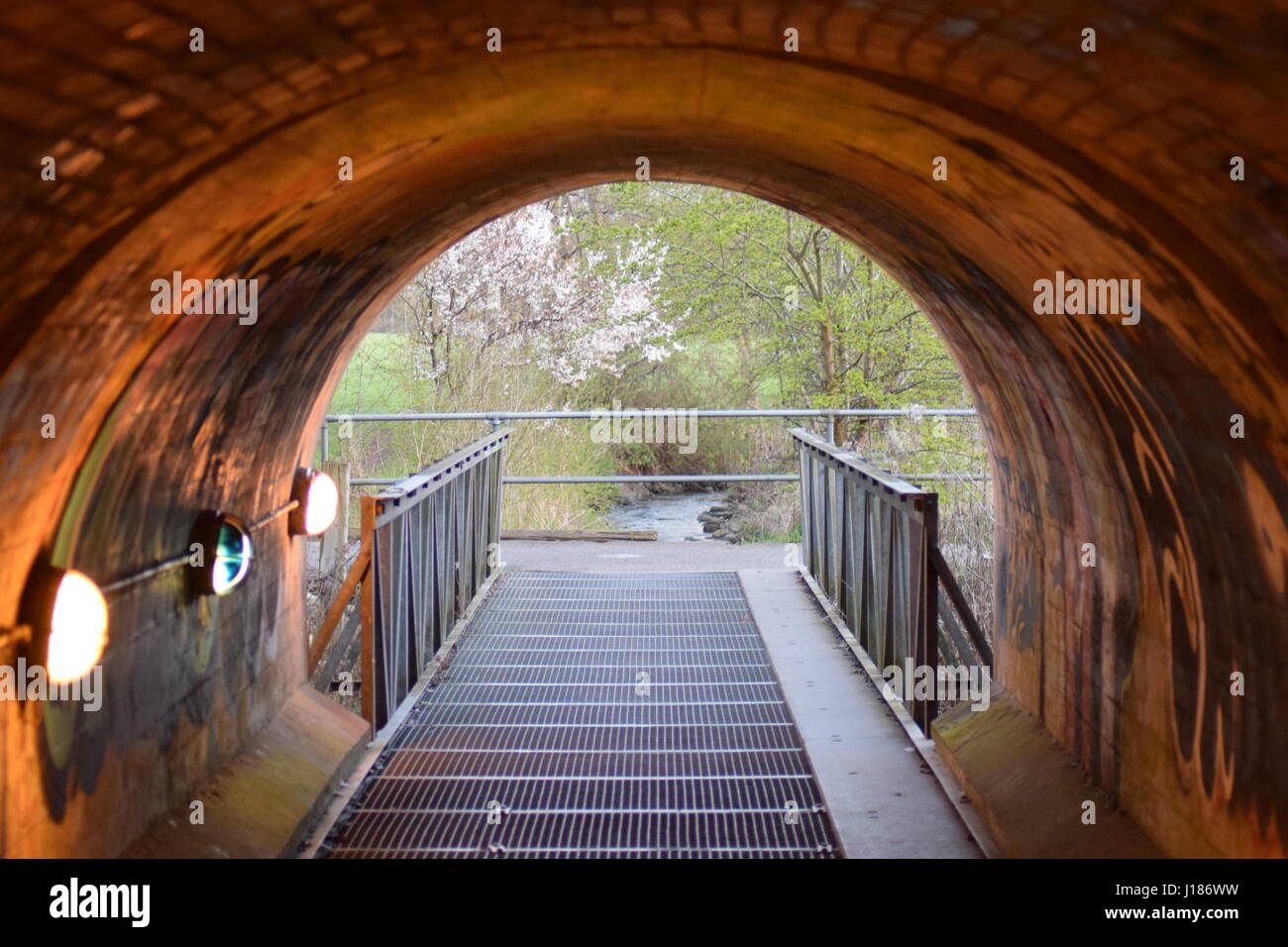 Tunnel with stream under metal walkway with trees and grass at the end ...