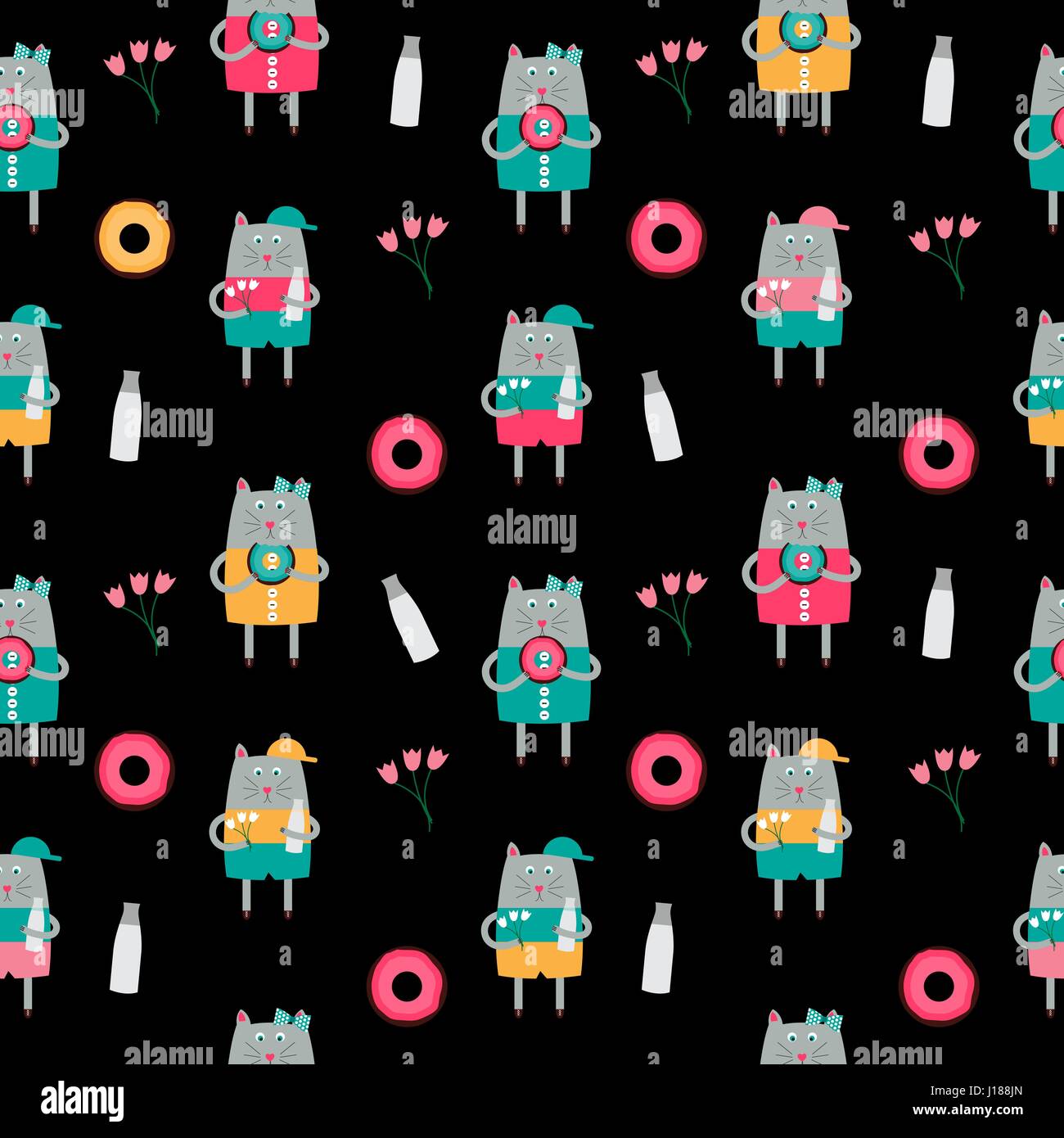 Cute Handdrawn Cat Seamless Pattern Vector Illustration Stock Vector ...