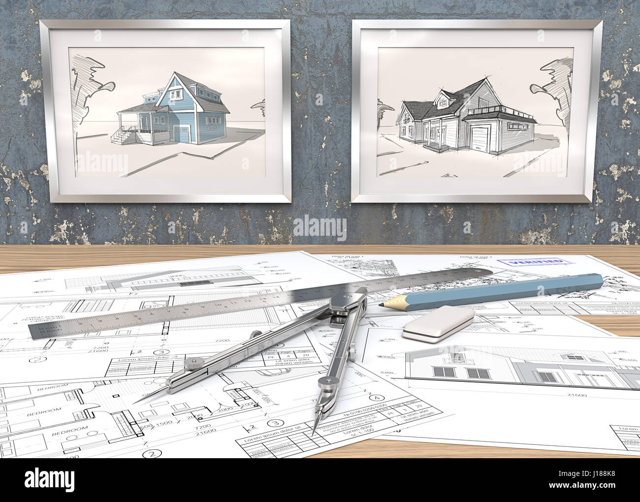 2 Metal Picture Frames on blue worn concrete Wall with house sketches ...