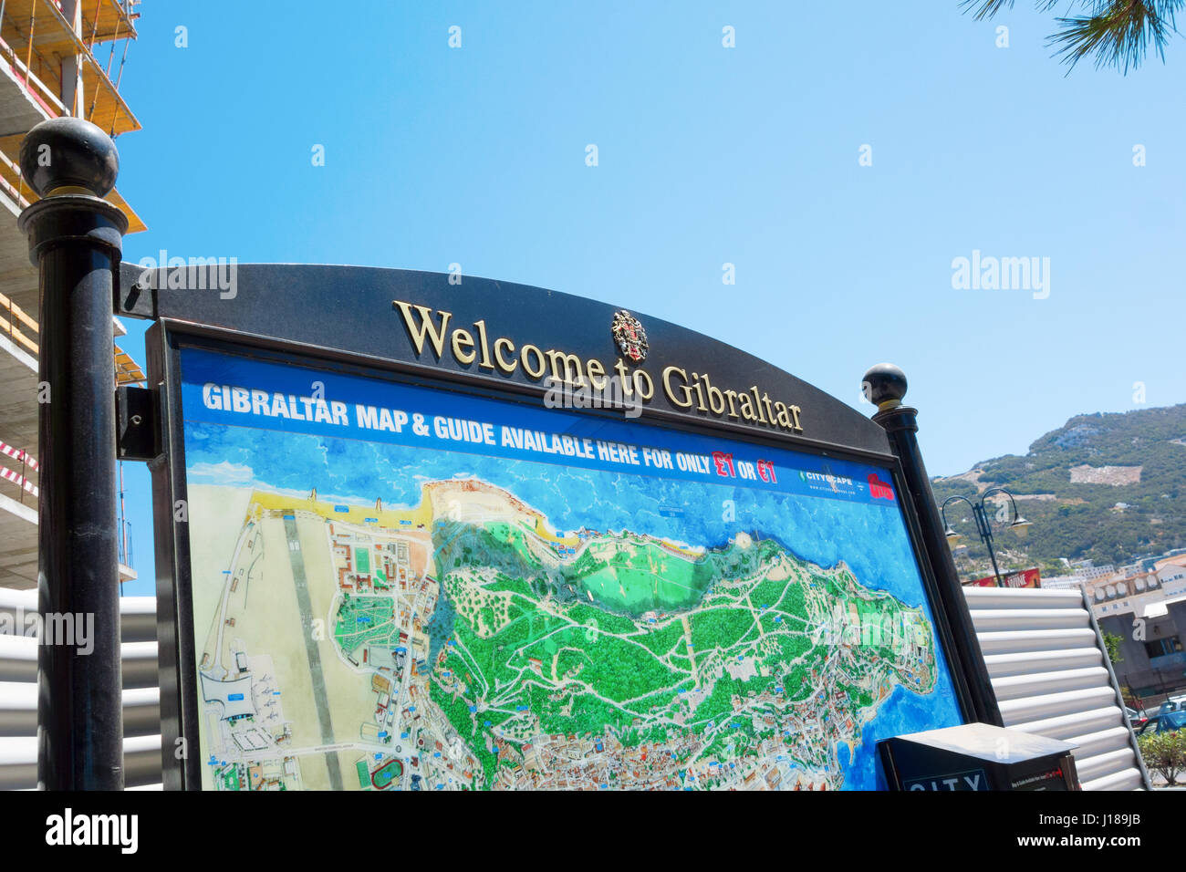 On the Island of Gibraltar. Welcome to Gibraltar sign and map Stock ...