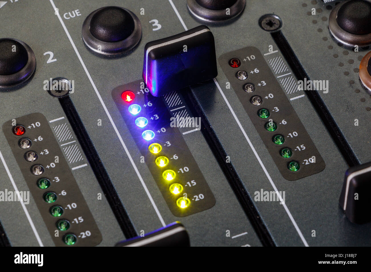 Close up shot of a DJ mixer volume faders with volume levels in the red ...