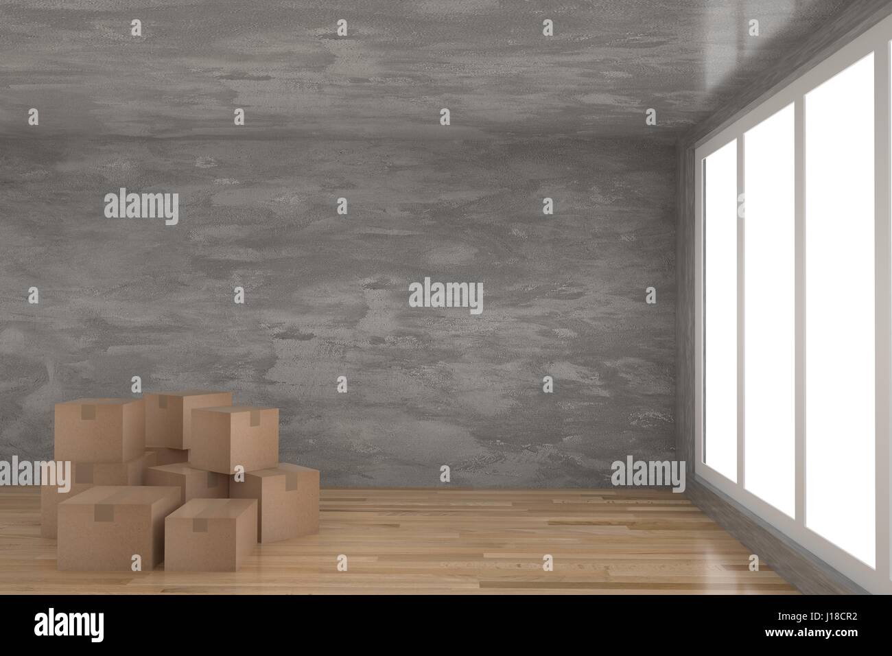 cardboard box in the empty concrete room in 3D rendering Stock Photo ...