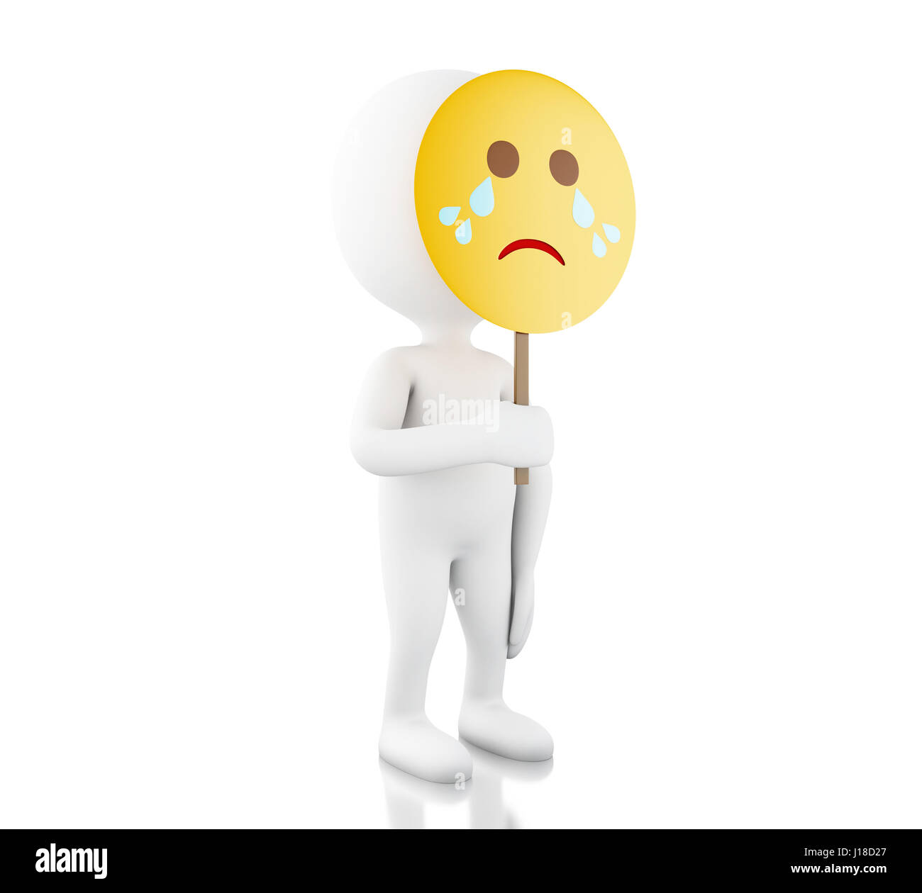 3d illustration. White people holding sad face mask. Isolated white ...