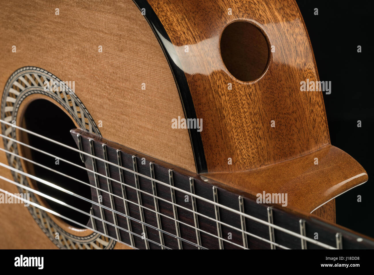 Details of a classic wooden guitar with strings Stock Photo - Alamy